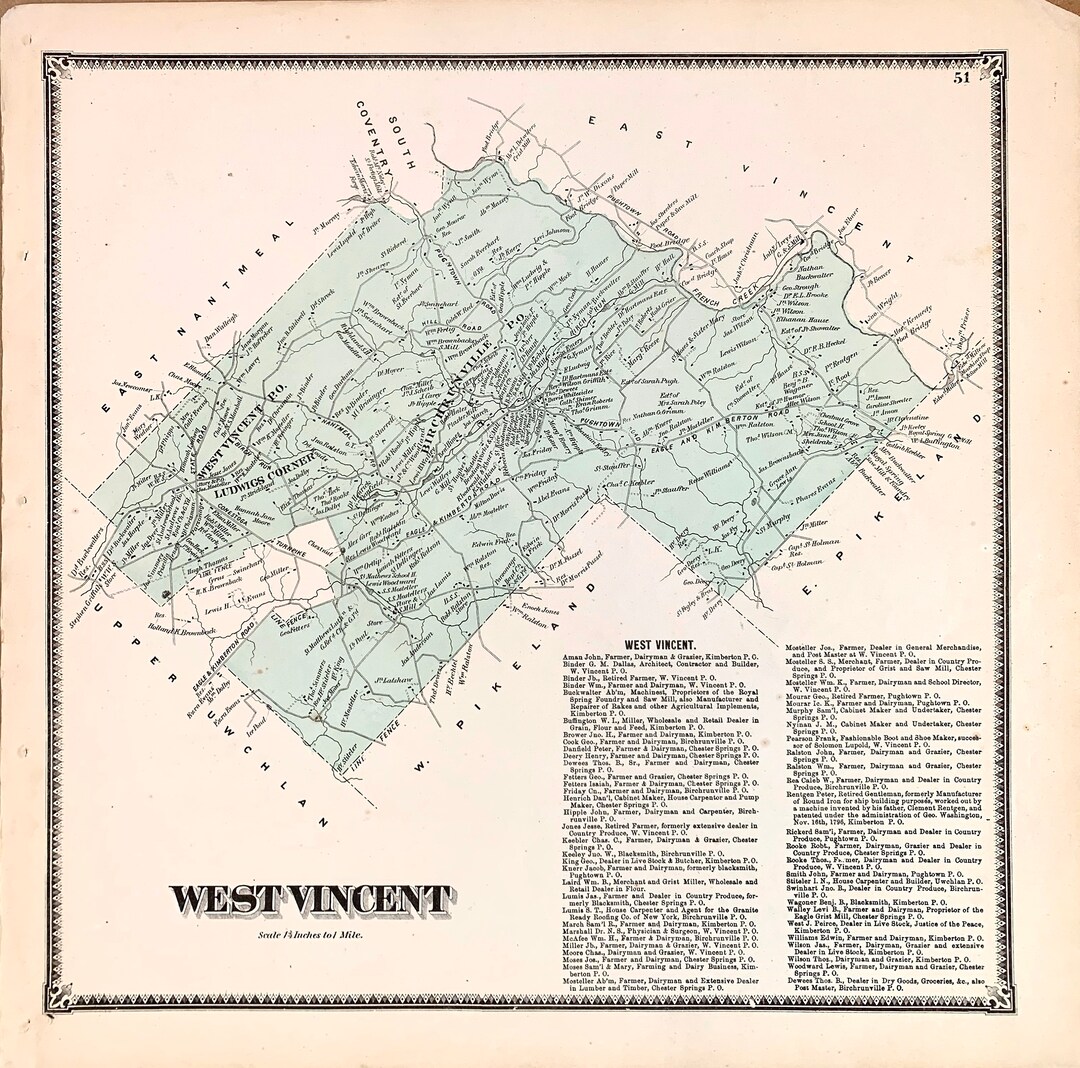 West Vincent Township Map, Original 1873 Chester County Farm Atlas Map ...