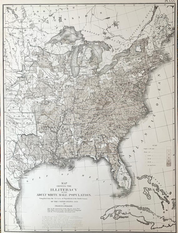 Antique Illiteracy Map Original 1874 Census Atlas United | Etsy