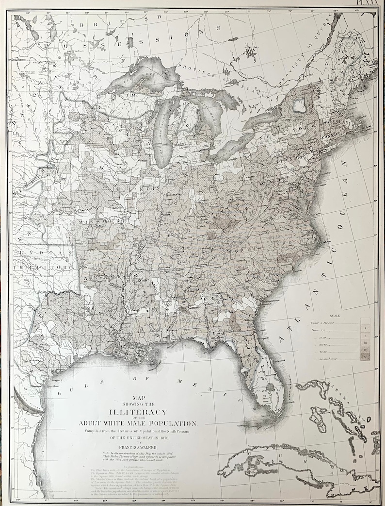 Antique Illiteracy Map, Original 1874 Census Atlas, United States ...