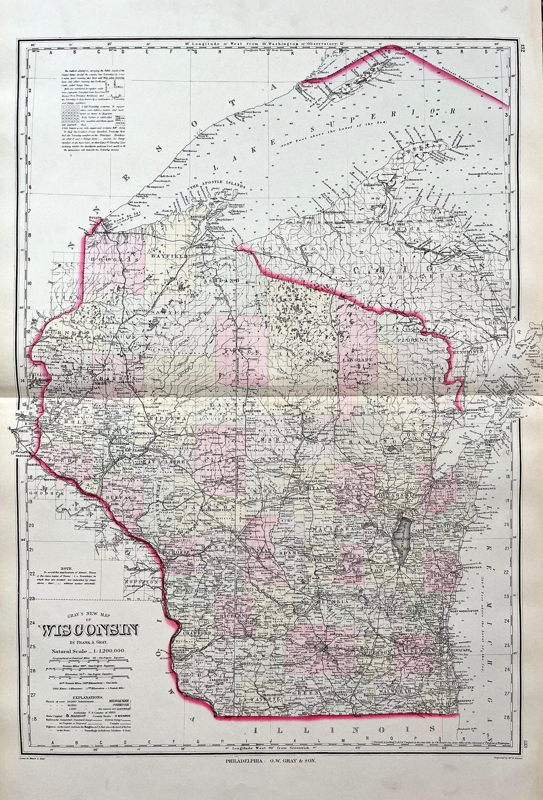 Antique Wisconsin Map, Original 1883 Grays National Atlas, Madison, the ...