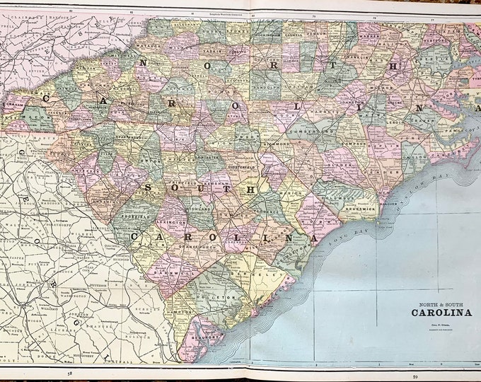 North Carolina Map, Original 1895 Crams Atlas, South Carolina ... North Carolina Map, Original 1895 Crams Atlas, South Carolina ...