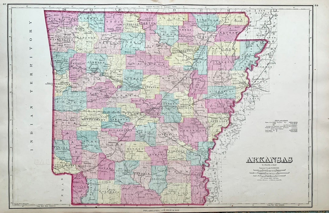 Antique Arkansas Map, Original 1877 Grays National Atlas, the Natural ...