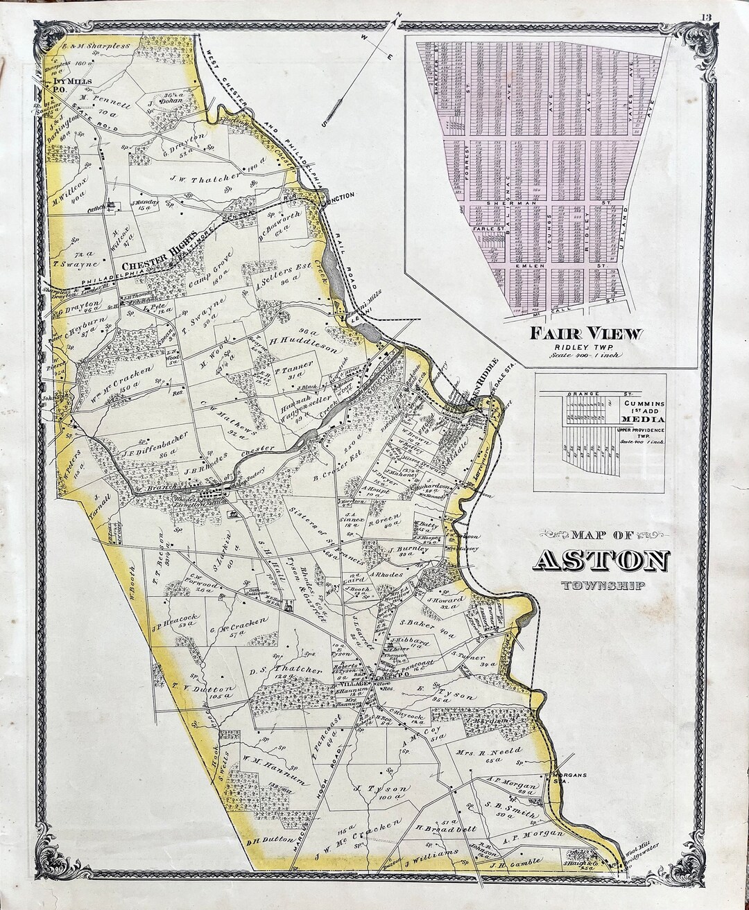 Aston Township Map, Original 1875 Delaware County Pennsylvania Atlas ...