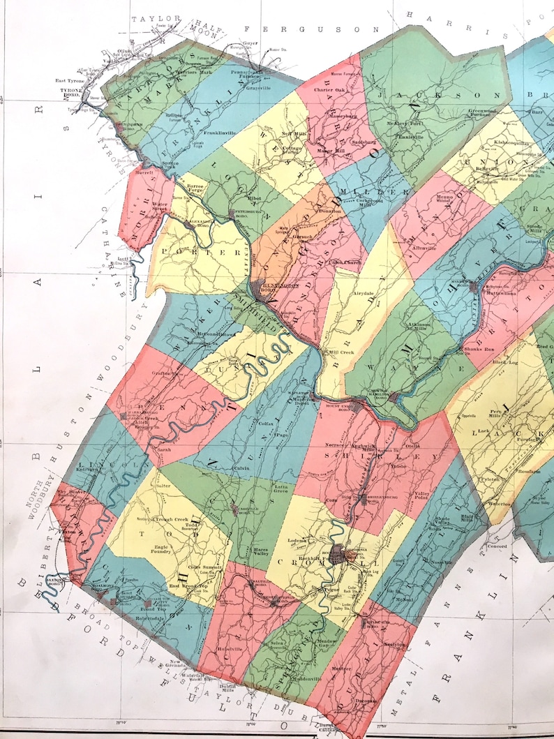 Mifflin, Huntingdon Counties Map, Original 1900 State of Pennsylvania ...
