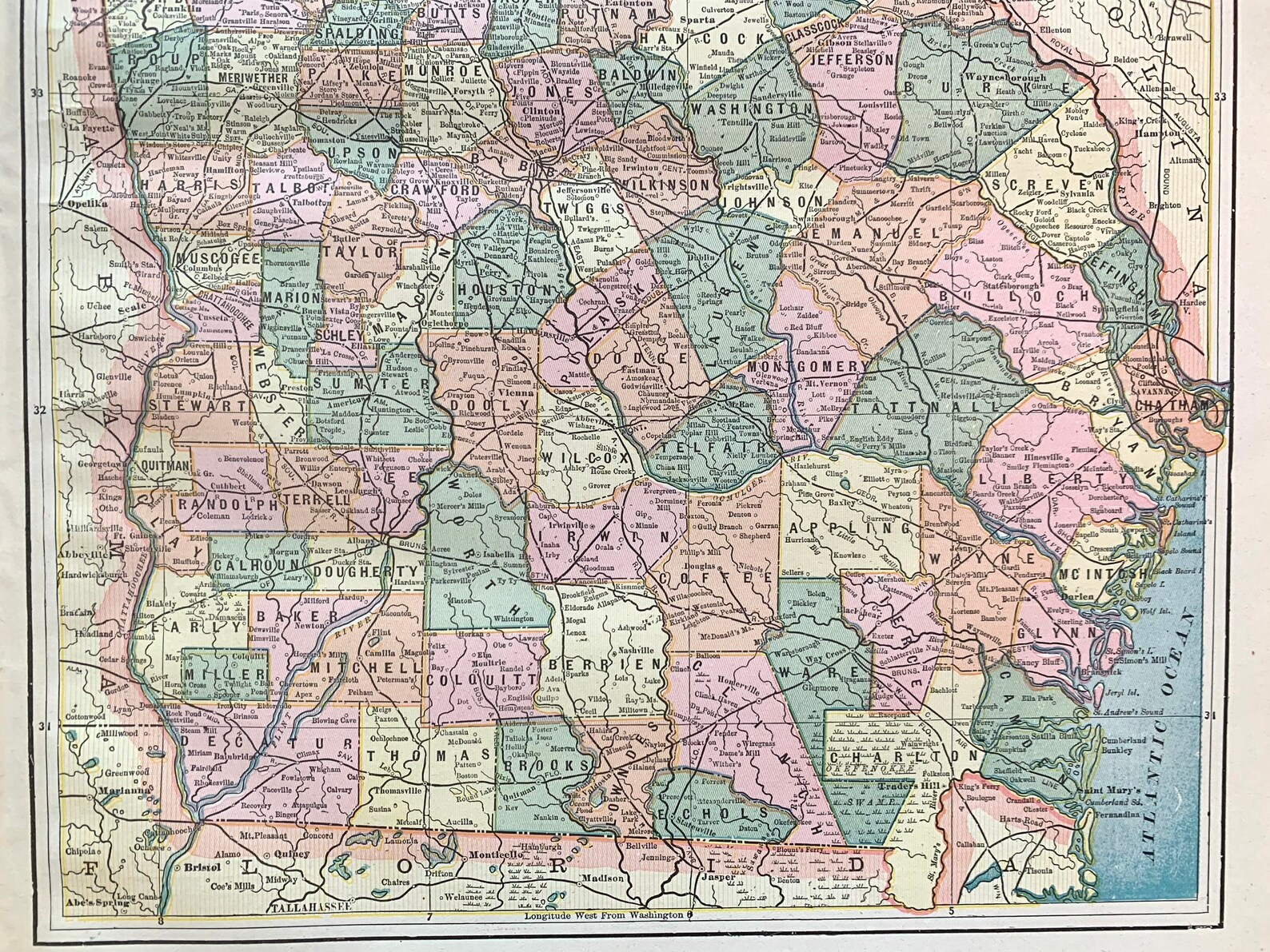 Antique Georgia Map Original 1895 Crams Atlas State of - Etsy
