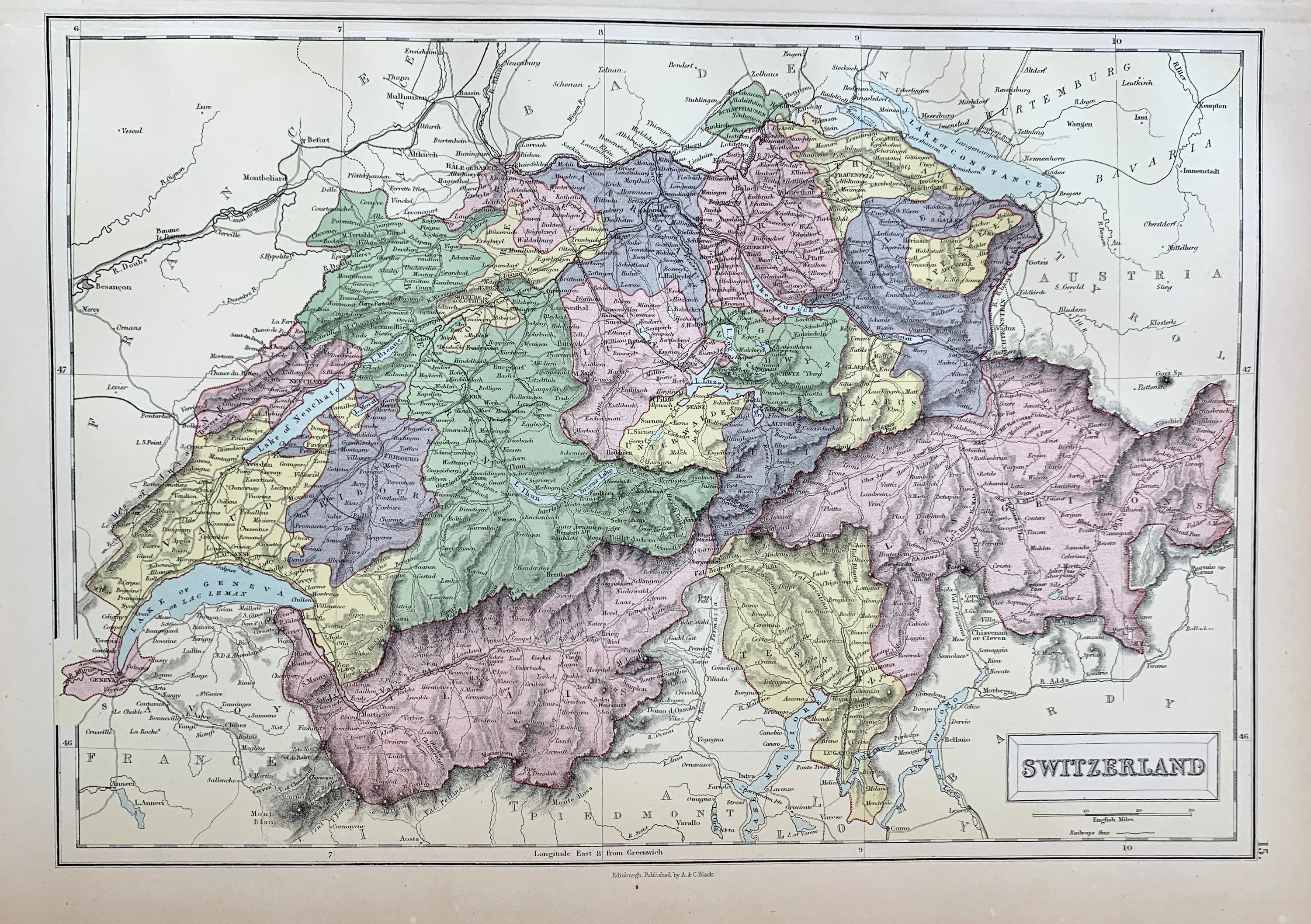 Switzerland Map, Original 1875 Blacks Atlas, Geneva, the Alps, Zurich ...