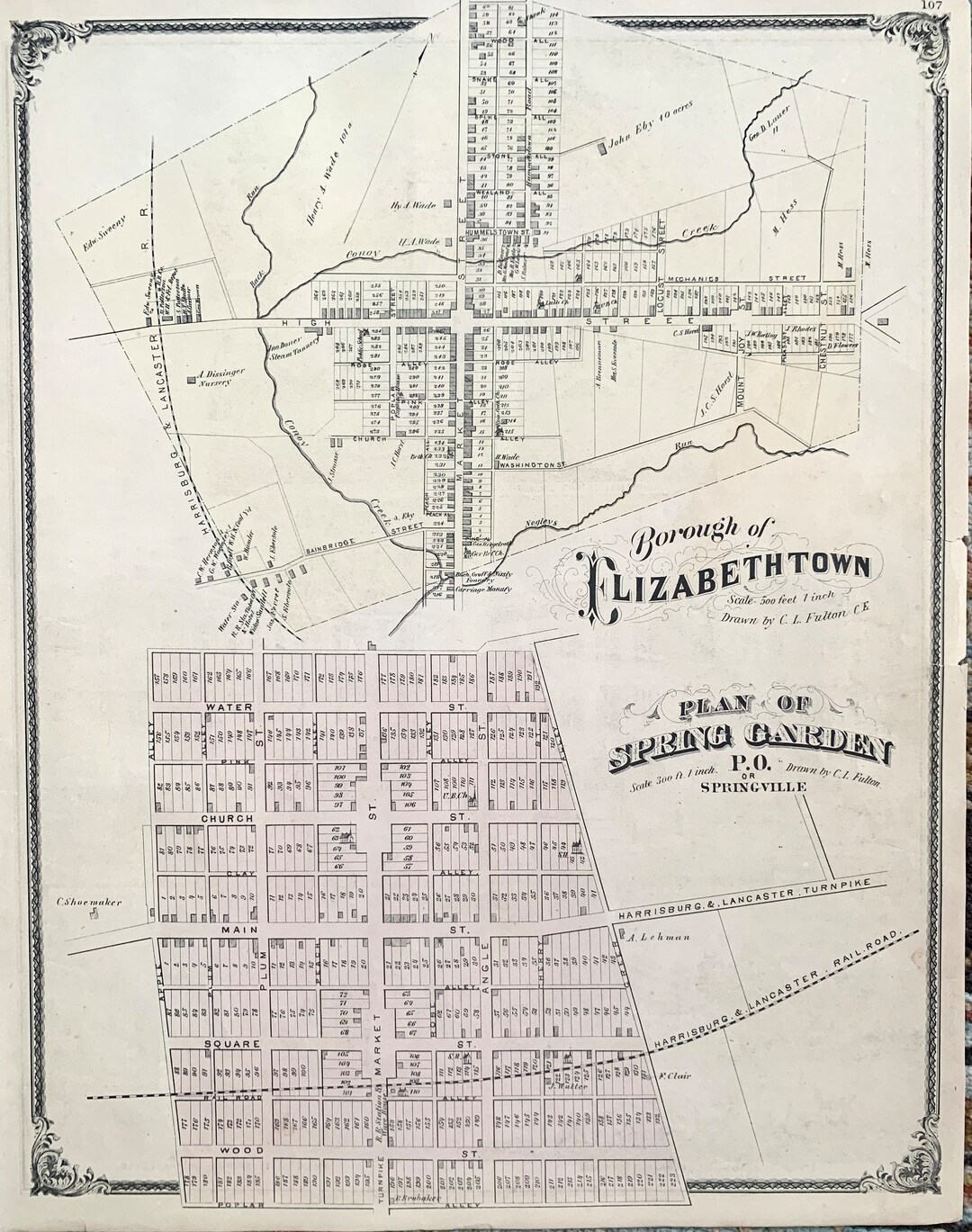 Elizabethtown Map, Original 1875 Lancaster County Atlas, Springville ...