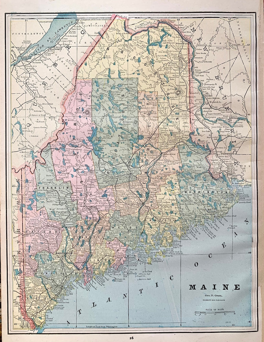 Antique Maine Map, Original 1895 Crams Atlas, Maine County Map, Maine ...