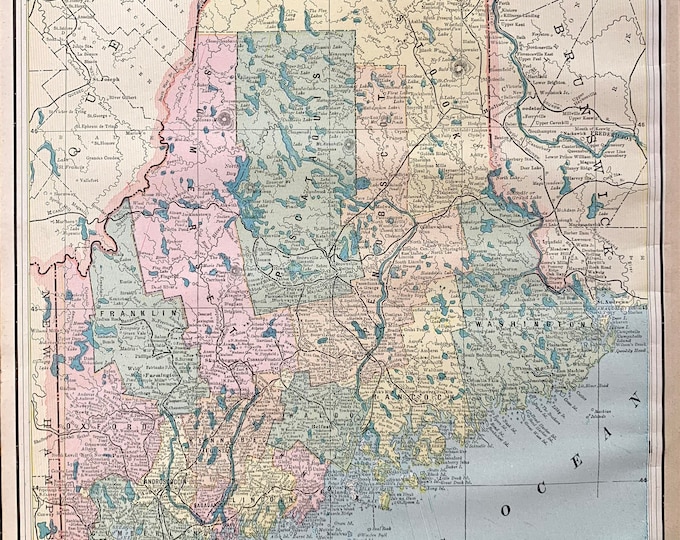 Antique Maine Map, Original 1895 Crams Atlas, Maine County Map, Maine ...