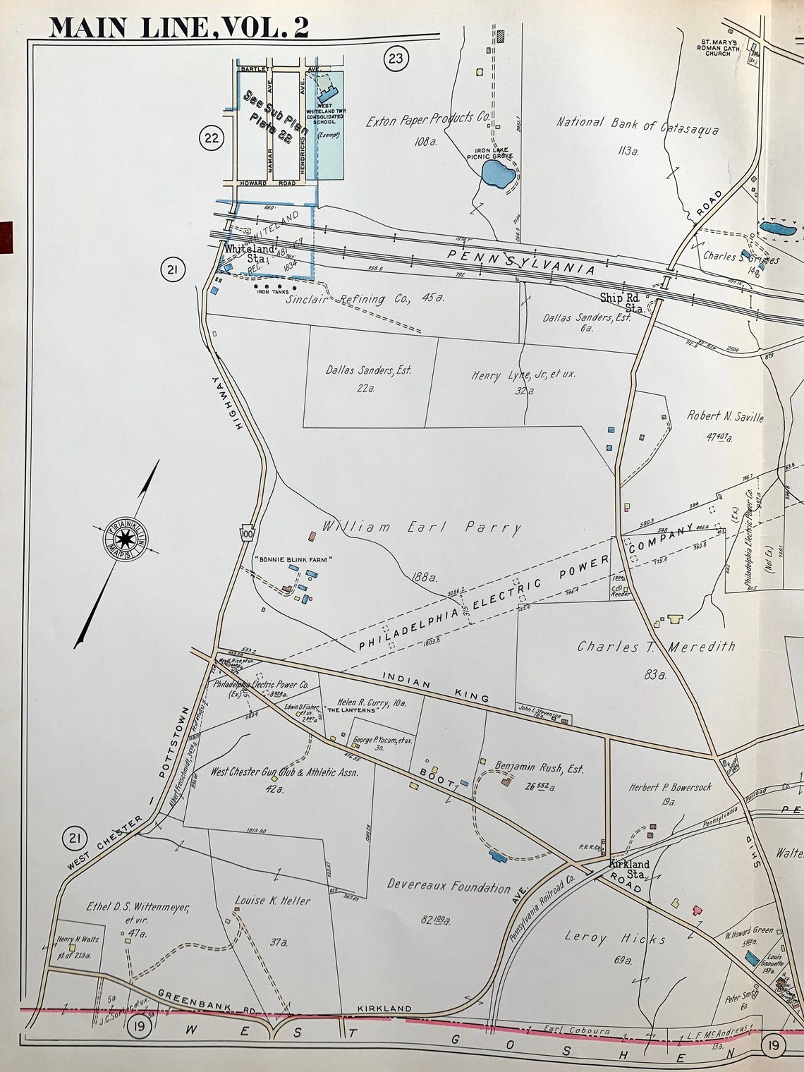 West Whiteland Township Map, Original 1950 Franklin Survey Main Line ...