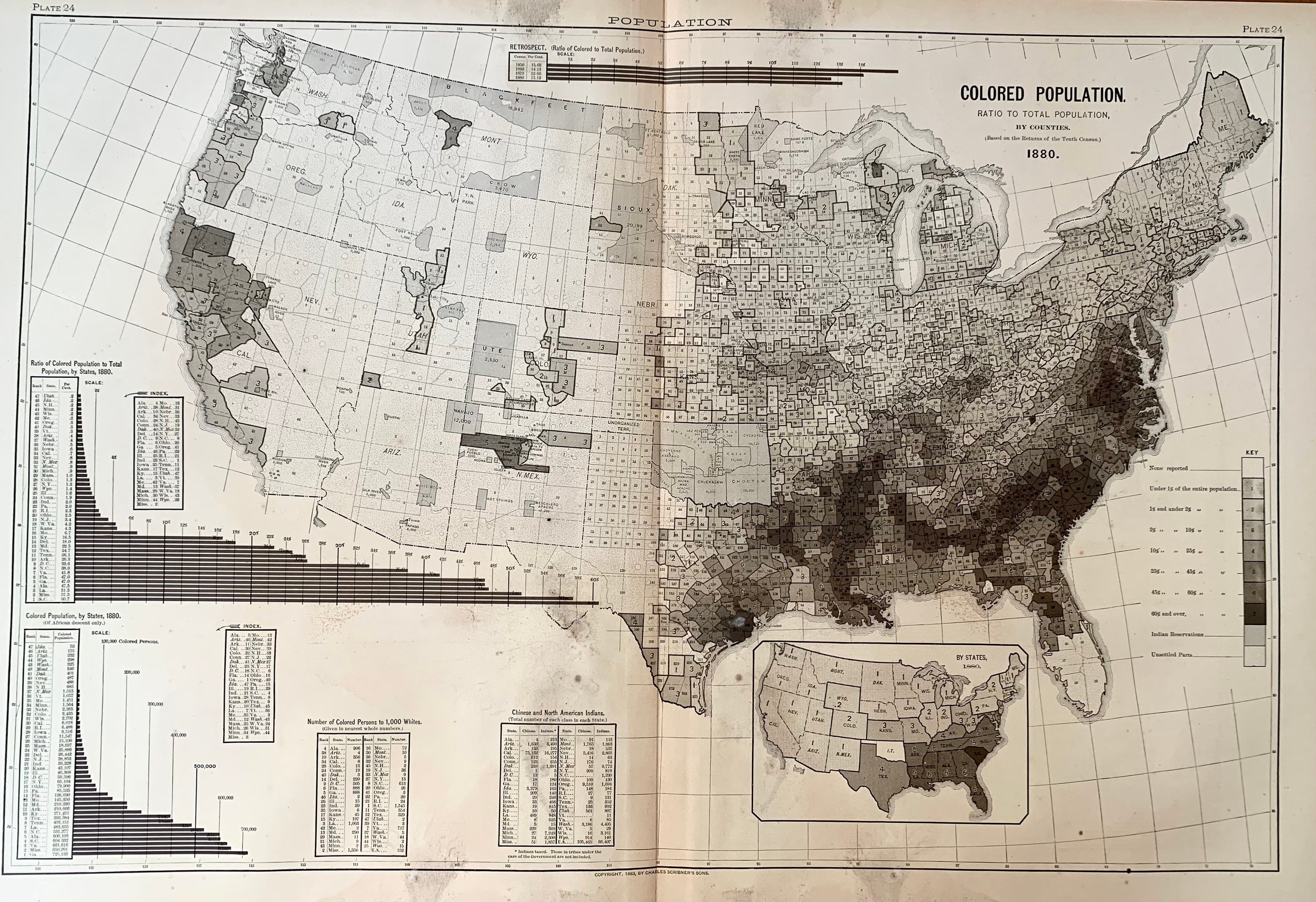 Colored Population Map, Original 1883 Scribners Atlas, 1880 Census ...