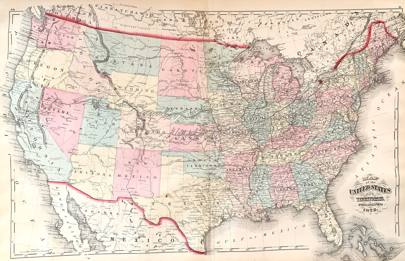 United States and Territories Map, Original 1872 State of Pennsylvania ...