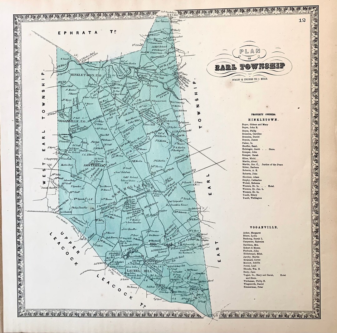 Earl Township Map, Original 1864 Bridgens Lancaster County Atlas, New ...