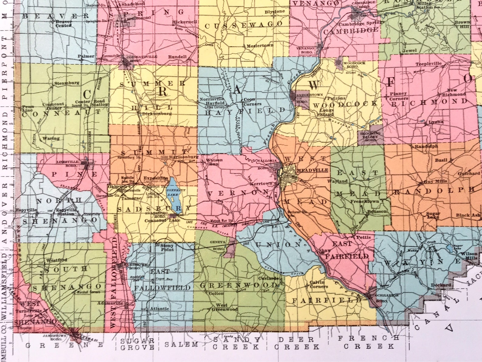 Erie County Map, Original 1900 State of Pennsylvania Atlas, Crawford ...