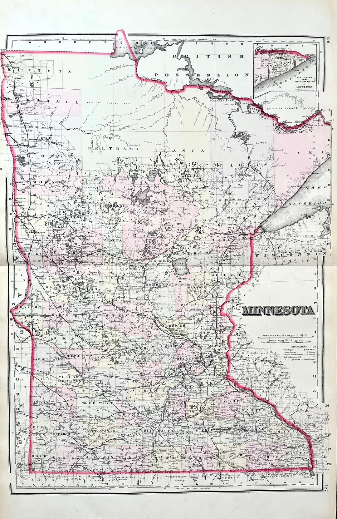 Minnesota Map, Original 1883 Grays Atlas, Minneapolis, Twin Cities ...