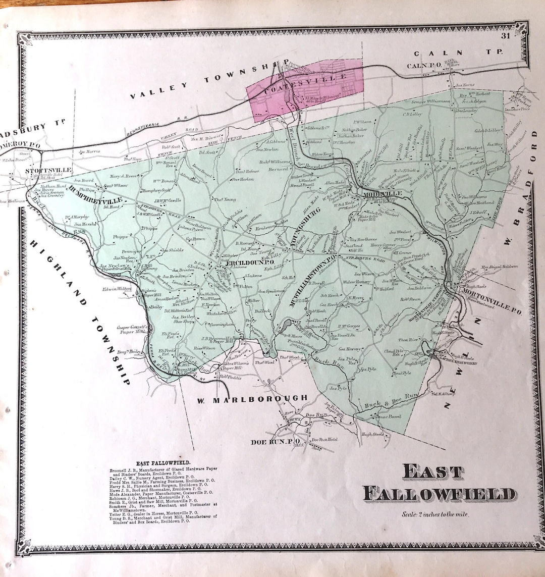 East Fallowfield Map, Original 1873 Chester County Atlas Map, Doe Run ...