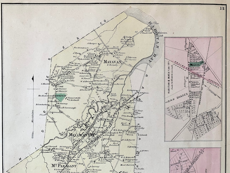 Matawan Map, Original 1873 Monmouth County Atlas, Cliffwood Beach ...