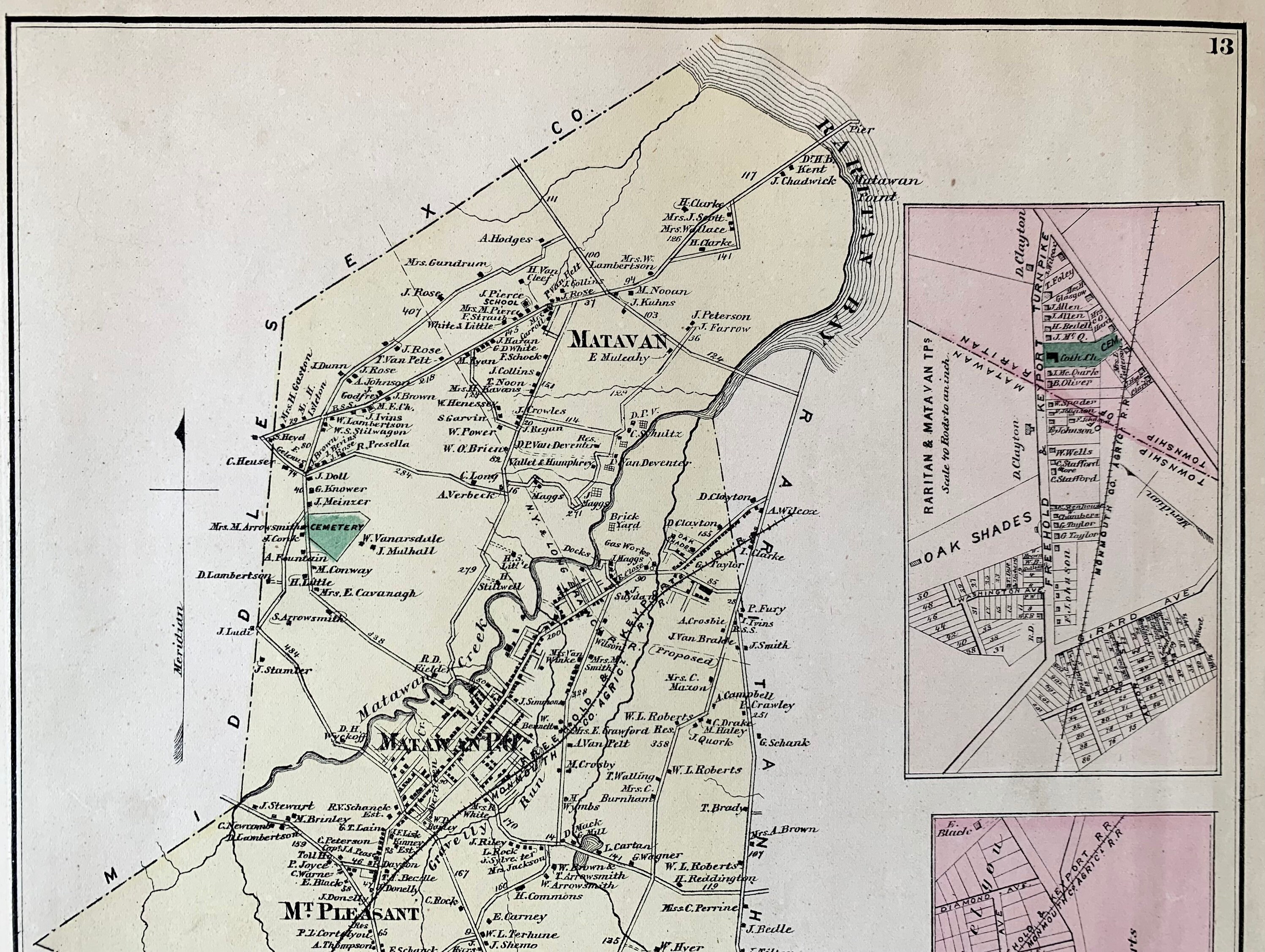 Matawan Map, Original 1873 Monmouth County Atlas, Cliffwood Beach ...