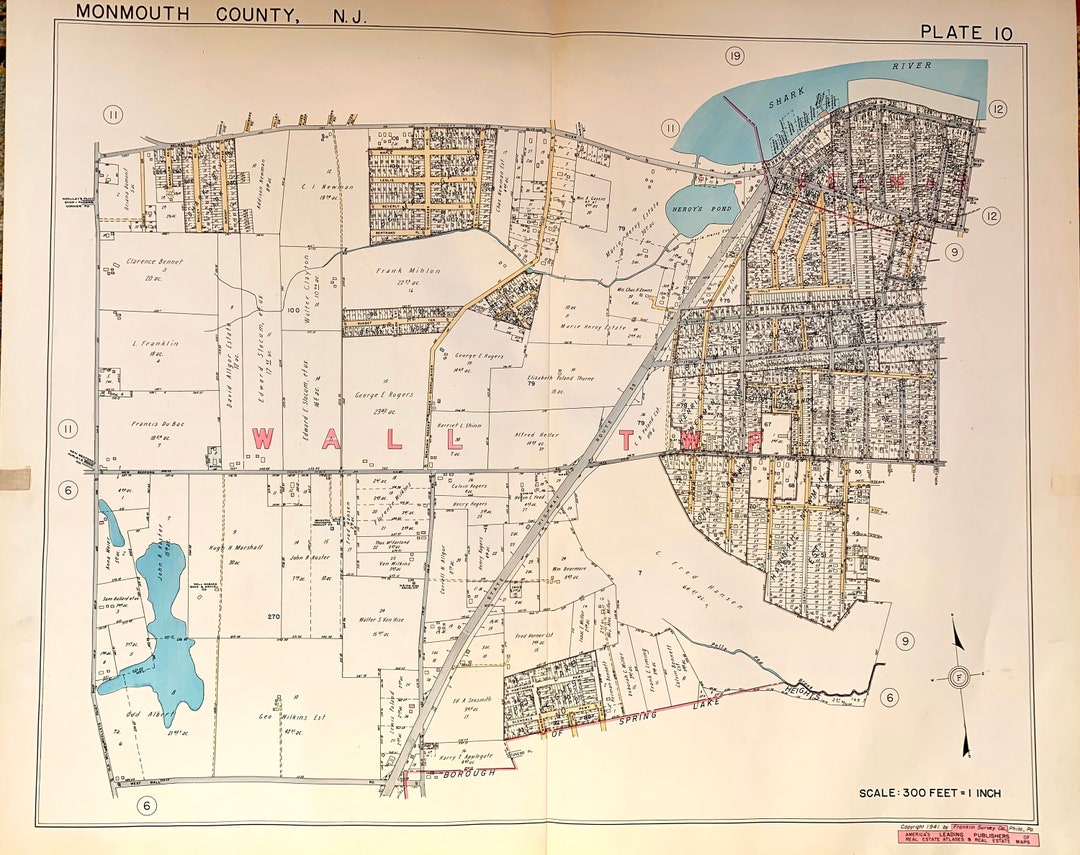 Wall Township Map, Original 1941 Monmouth County Atlas, Belmar Beach ...