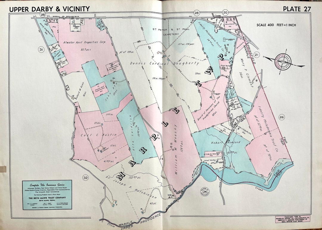 Marple Township Map, Original 1942 Upper Darby Atlas, Broomall, Paxon ...