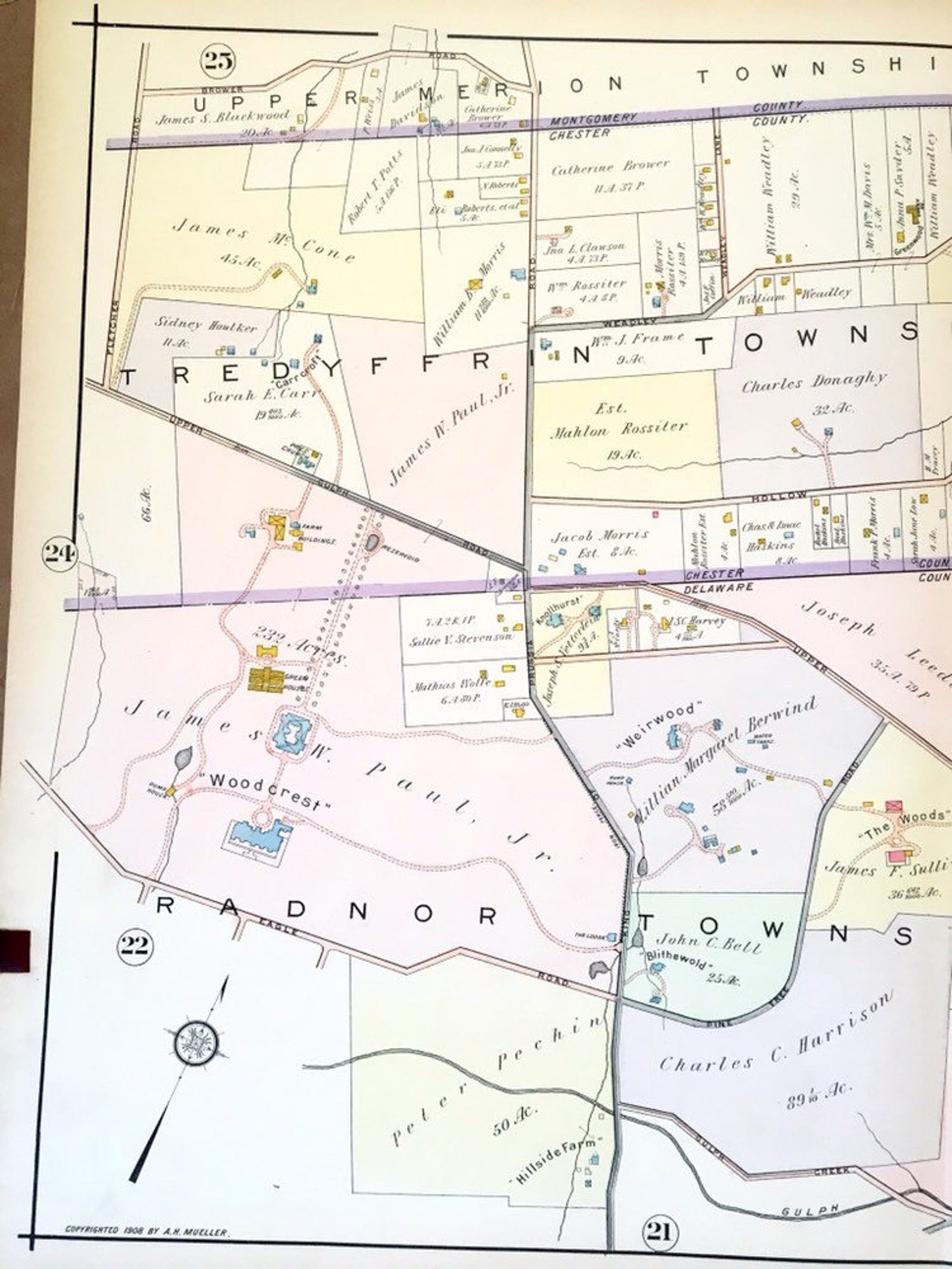Tredyffrin Township Map Original 1908 Mainline Pennsylvania | Etsy