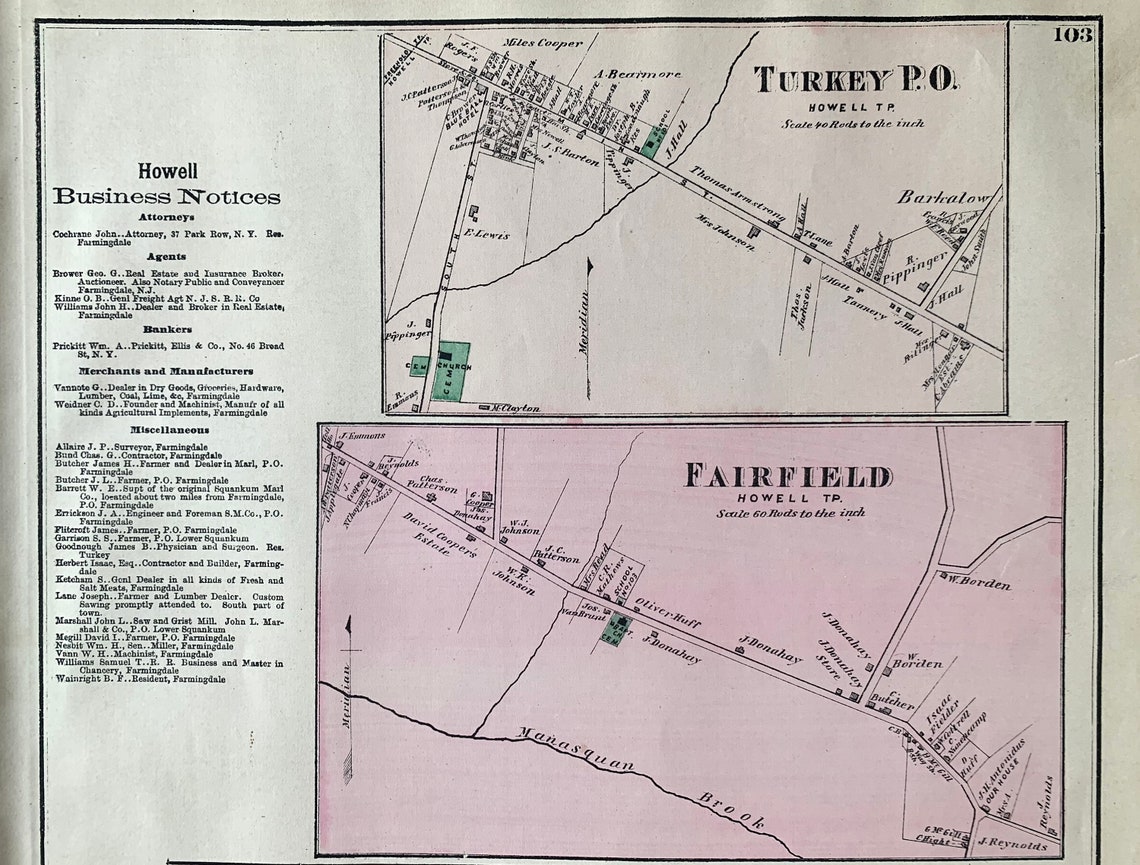 Howell Township Map Original 1873 Monmouth County New Jersey - Etsy