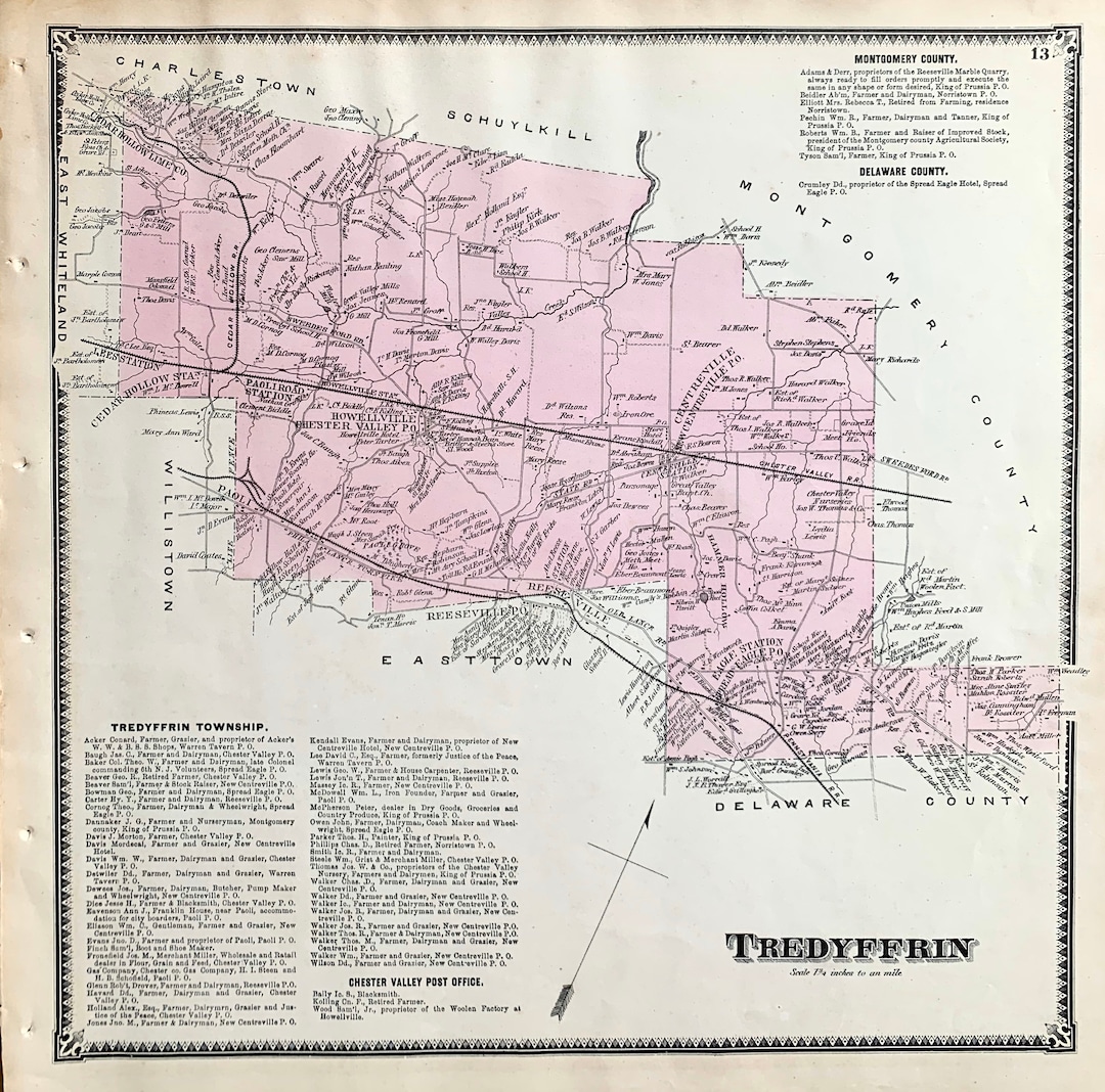 Tredyffrin Township Map, Original 1873 Chester County Pennsylvania Farm ...