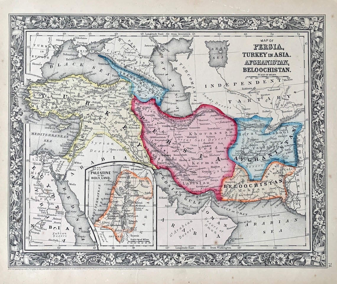 Persia Map, Original 1862 Mitchells Atlas, Turkey in Asia, Afghanistan ...