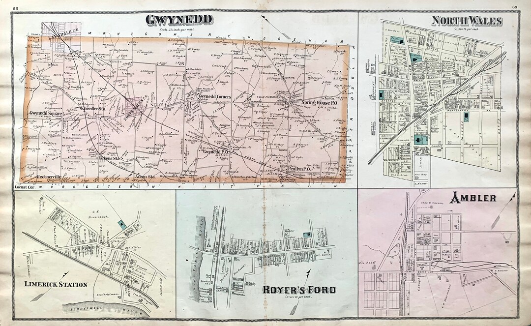 Gwynedd Township Map, Original 1877 Montgomery County Atlas, Lansdale ...