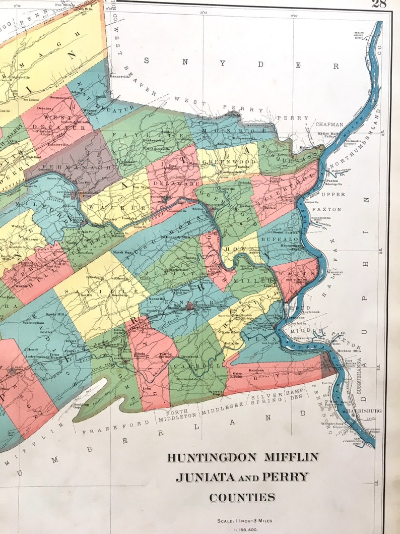 Mifflin, Huntingdon Counties Map, Original 1900 State of Pennsylvania ...