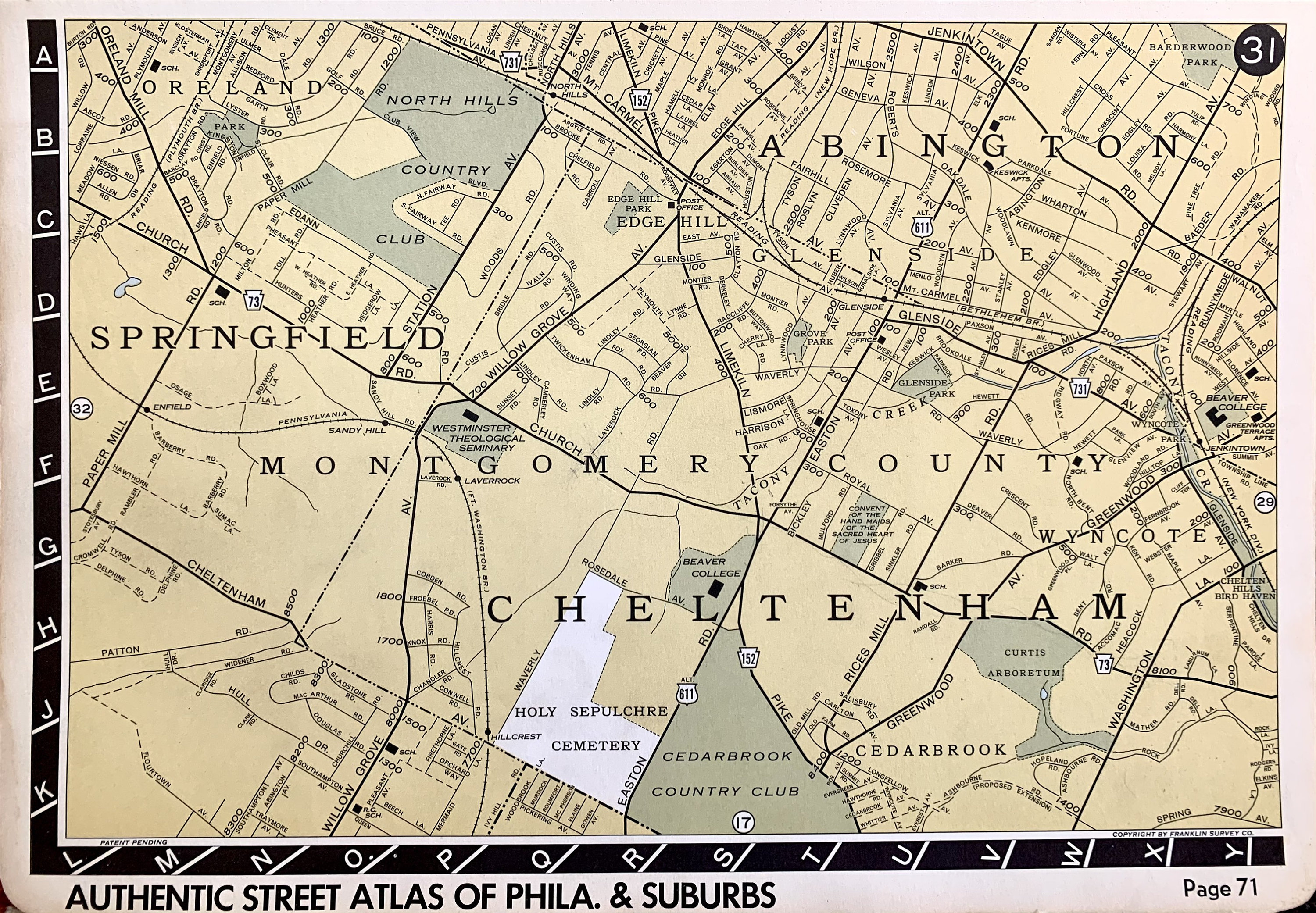 Cheltenham Map, Original 1934 Franklins Atlas, Abington Map, Glenside ...