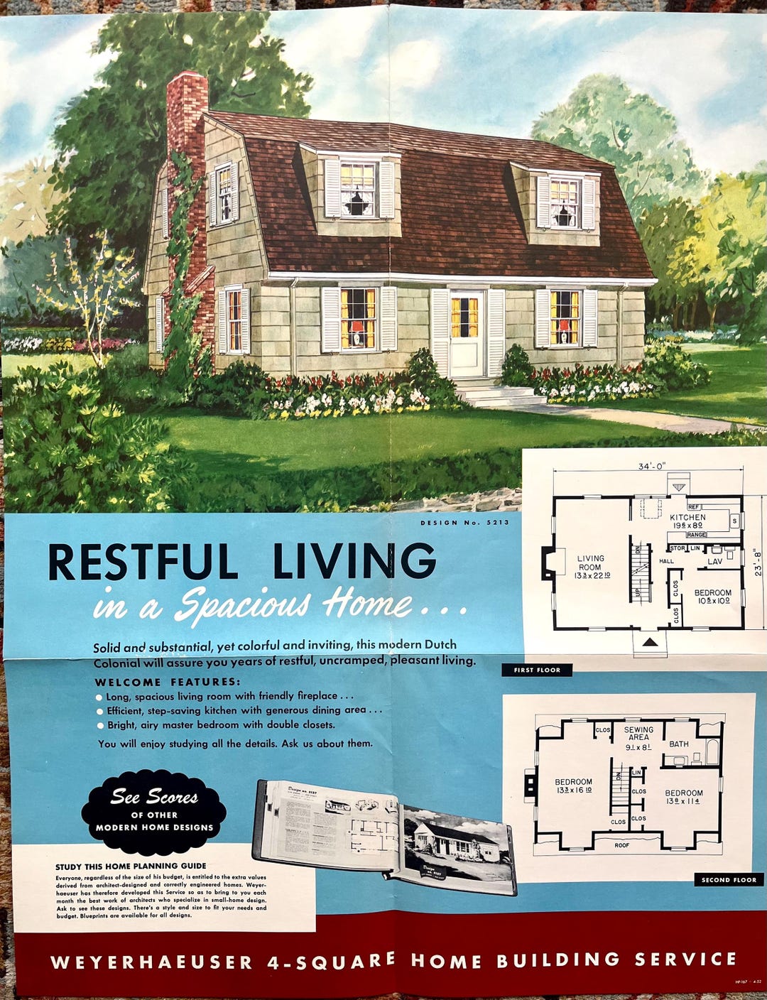 Vintage House Plan Poster, Original 1950s Weyerhaeuser Mid Century ...