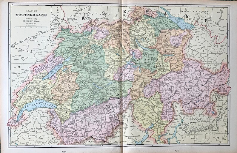 Switzerland Map, Original 1895 Crams Atlas, Swiss Confederation, Swiss ... Switzerland Map, Original 1895 Crams Atlas, Swiss Confederation, Swiss ...