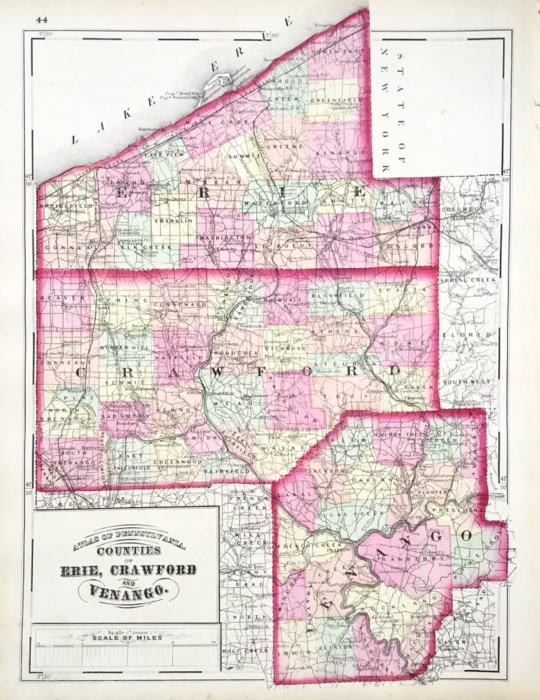 1872 Map of Erie County, Crawford County, Venango County, Original Hand ...