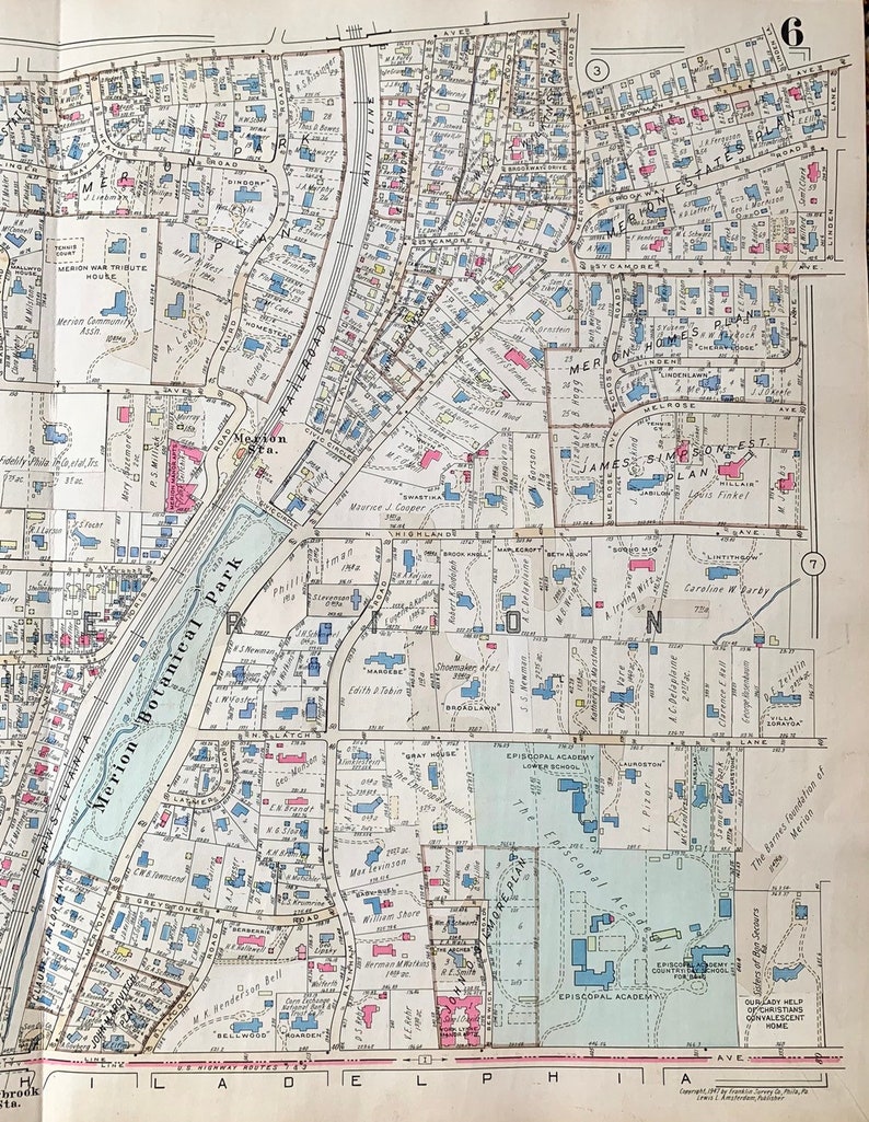 1947 Merion Map, Original Main Line Atlas Map, Lower Merion Township ...