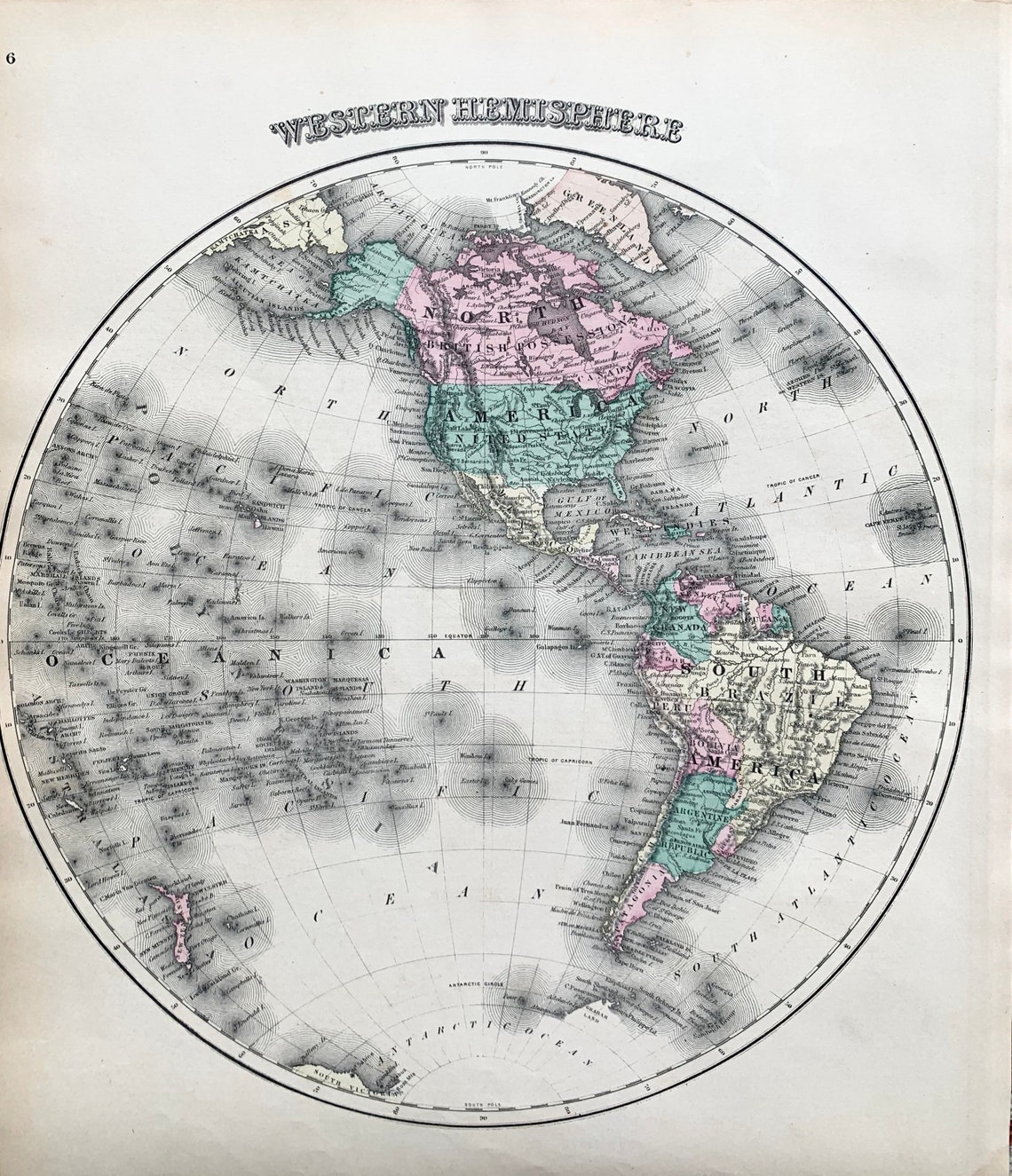 Western Hemisphere Map, Original 1876 Grays Atlas Map, Hand Colored Map ...