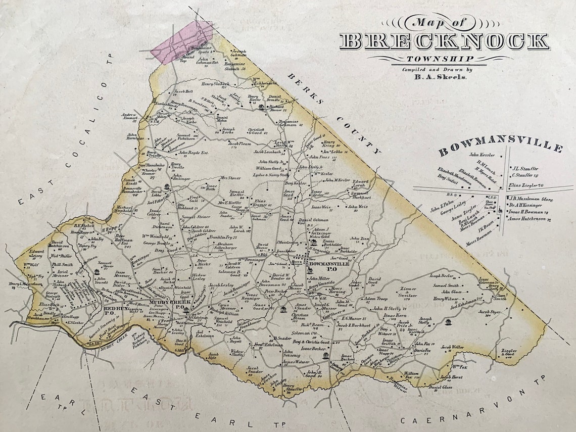 Brecknock Township Map, Original 1875 Lancaster County Atlas ...