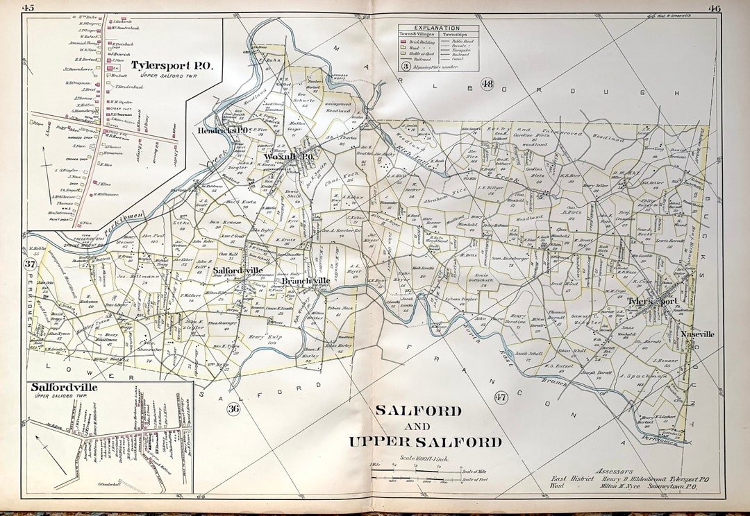 Salford Map, Original 1893 Montgomery County Atlas, Upper Salford ...