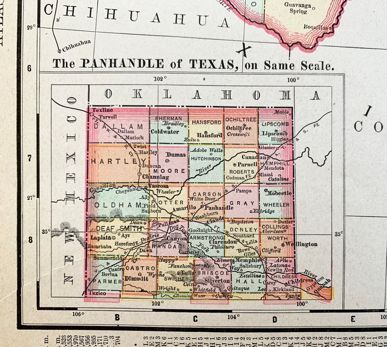 Texas Map, Original 1900 Rand Mcnally Atlas, Texas Panhandle, State of ...