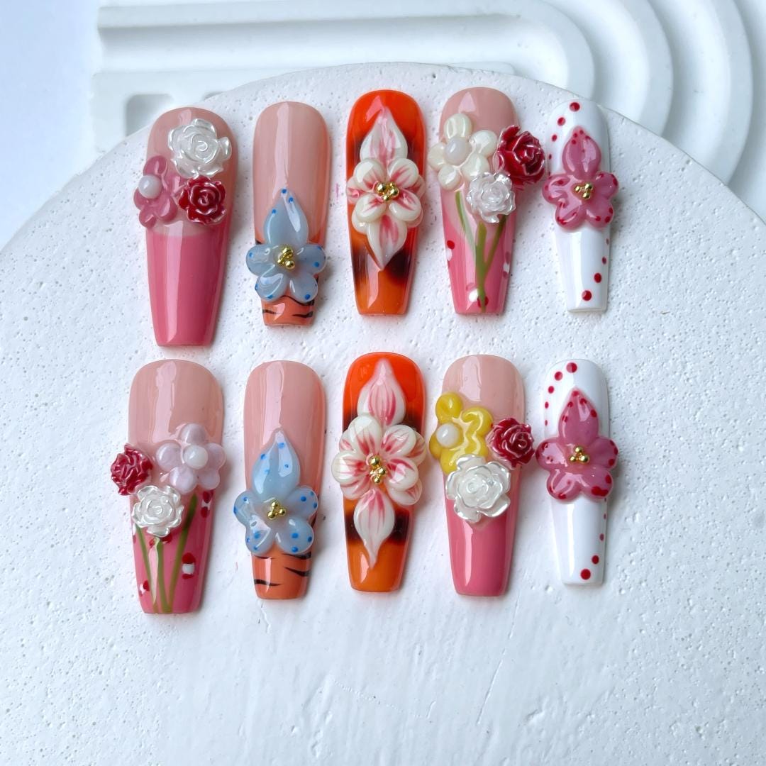 Luxurious 3D Flower Press on Nails | Bespoke Pink Flower Nail Art ...