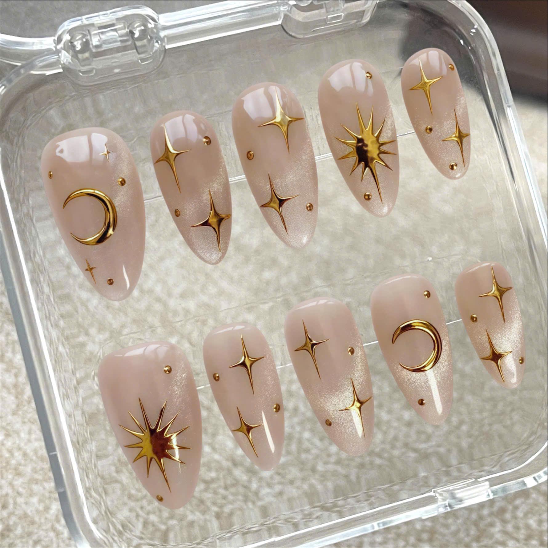 Aura Press on Nails Long Almond Nails|moon&sun Starnails|cat Eye Nails ...