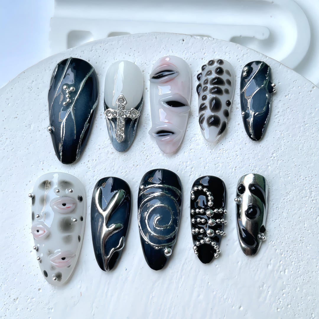 Cool Gothic-inspired Press on Nails | Goth Dark Blue Almond Nails | 3D ...