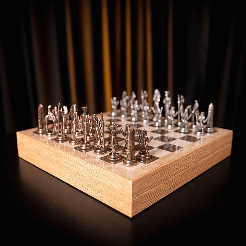 Antique Egyptian Metal Chess Set With Rustic Walnut MDF Storage Board ...