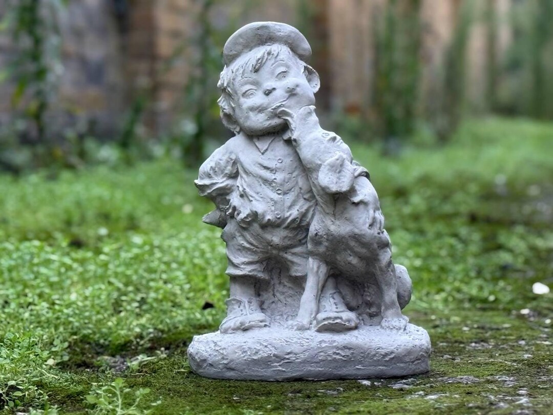 Playful Boy and Dog Statue Whimsical Garden Decor Outdoor Funny Cement ...