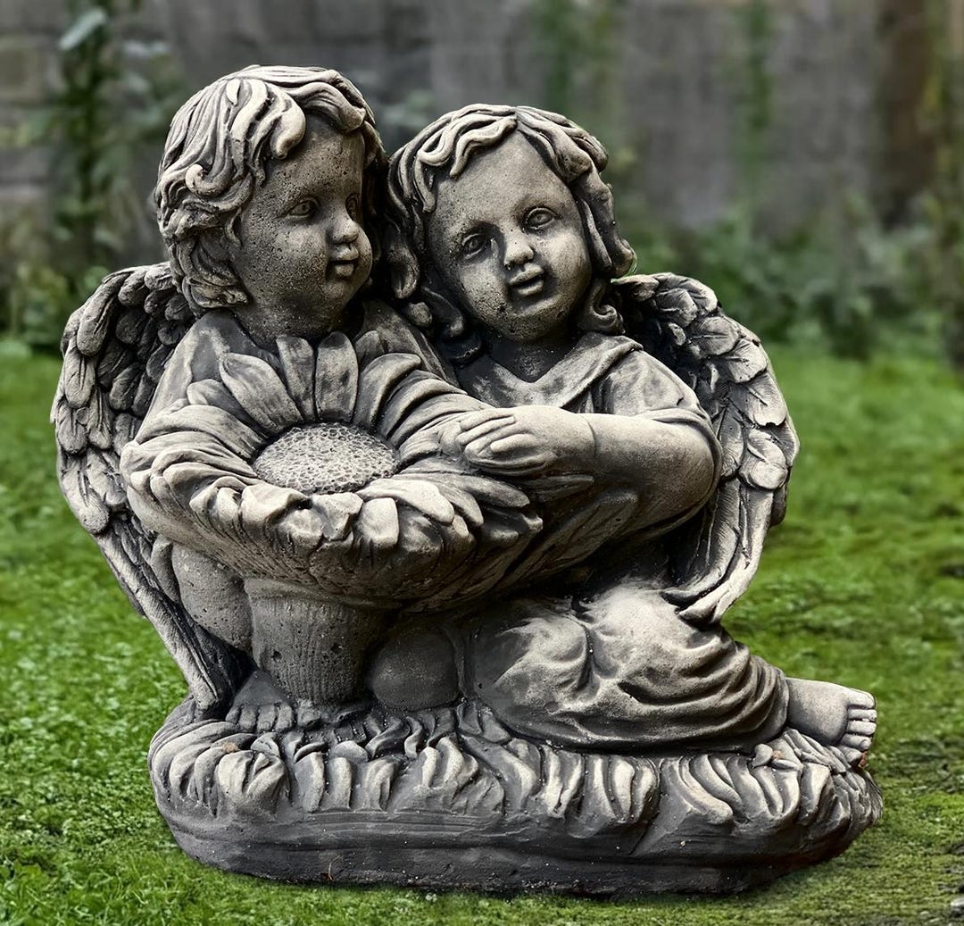 Concrete Baby Angel With Sunflower Statue Stone Pair Cherub Sculpture ...