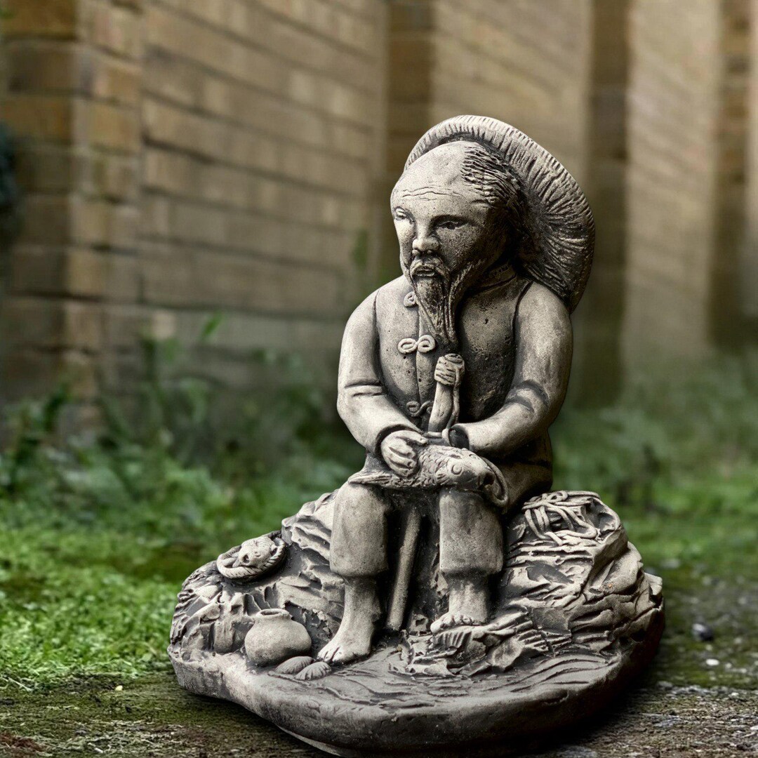 Garden Fisherman Sculpture Concrete Asian Man Ornament Cement Man ...