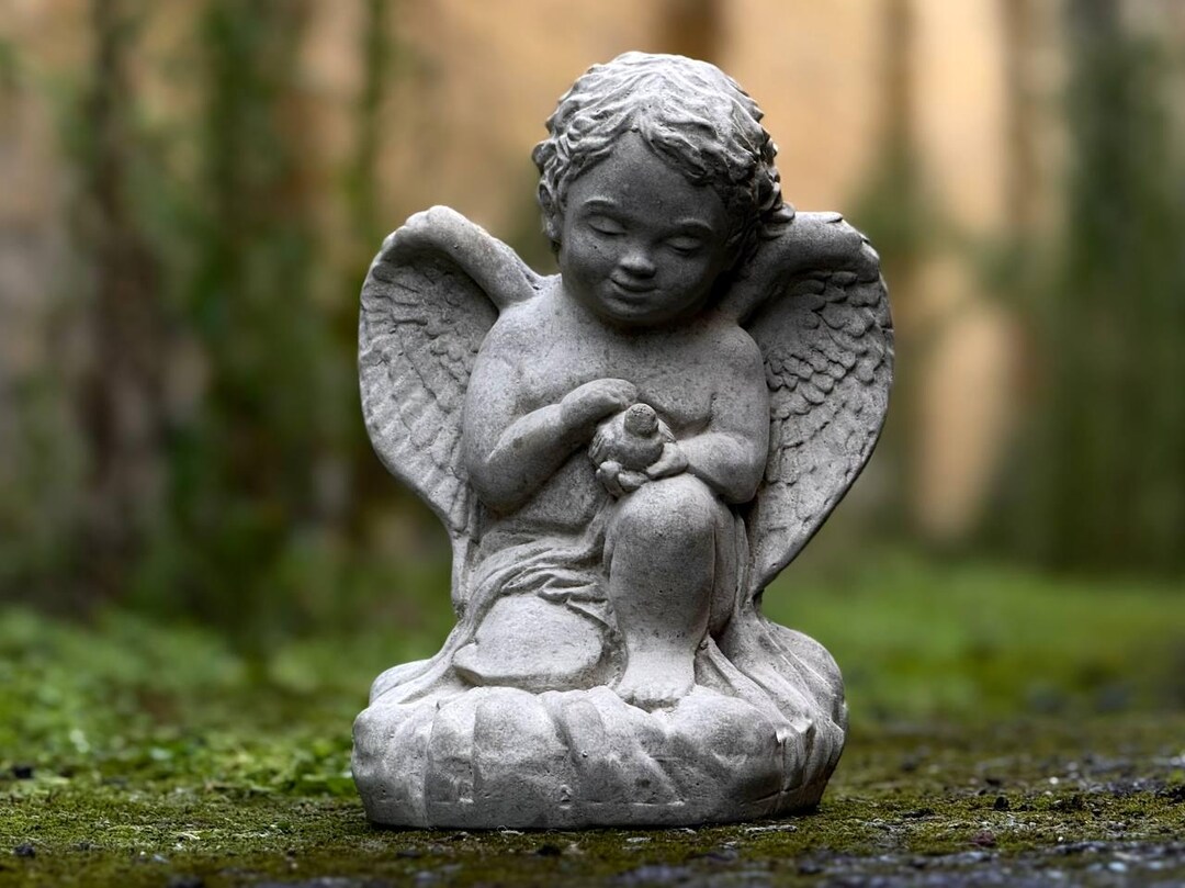 Unique Sitting Baby Angel With Bird Figurine Concrete Cherub Statue ...