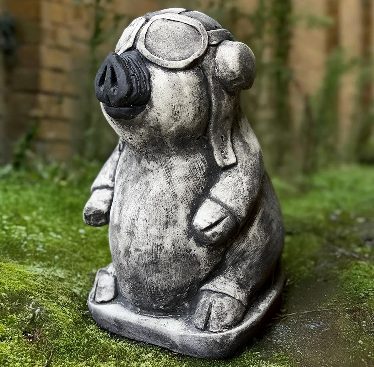 Stone Pig Figurine Outdoor Aviator Pig Sculpture Concrete Animal Statue ...