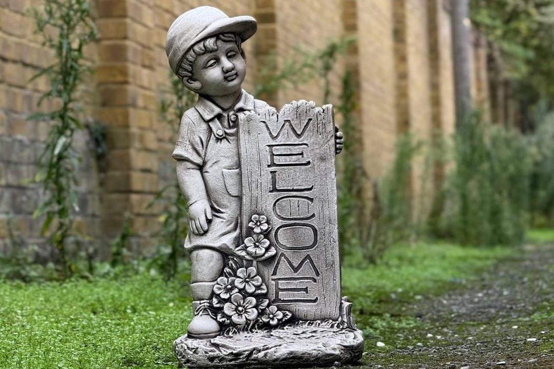Concrete Boy Statue Stone Children With Sign Decoration Outdoor Welcome ...