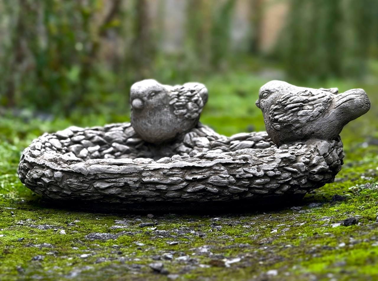 Outdoor Bird Bath Bowl Sculpture Stone Nest With Birds Sculpture Cement ...